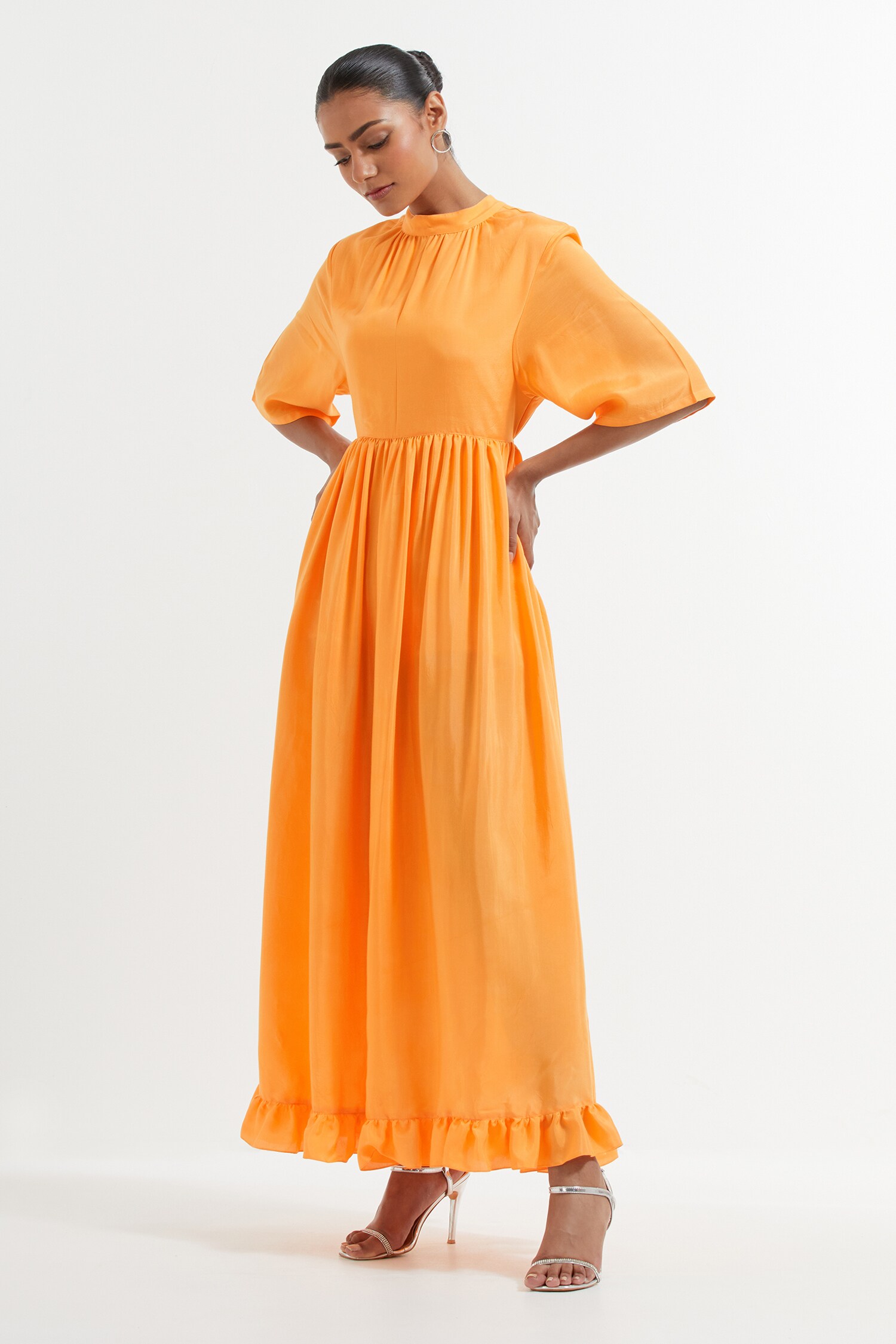 Buy TIC Orange Silk Solid Ruffled Hem Dress Online | Aza Fashions