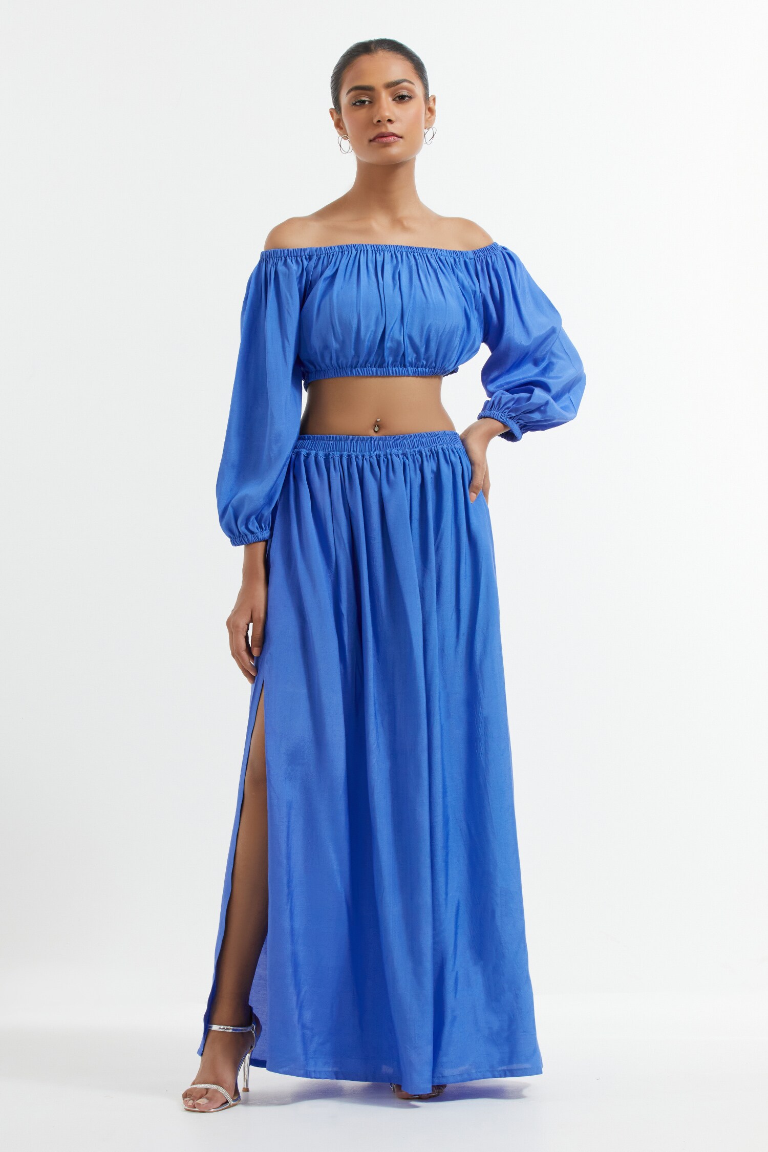 Buy TIC Blue Silk Ruched Crop Top With Skirt Online | Aza Fashions