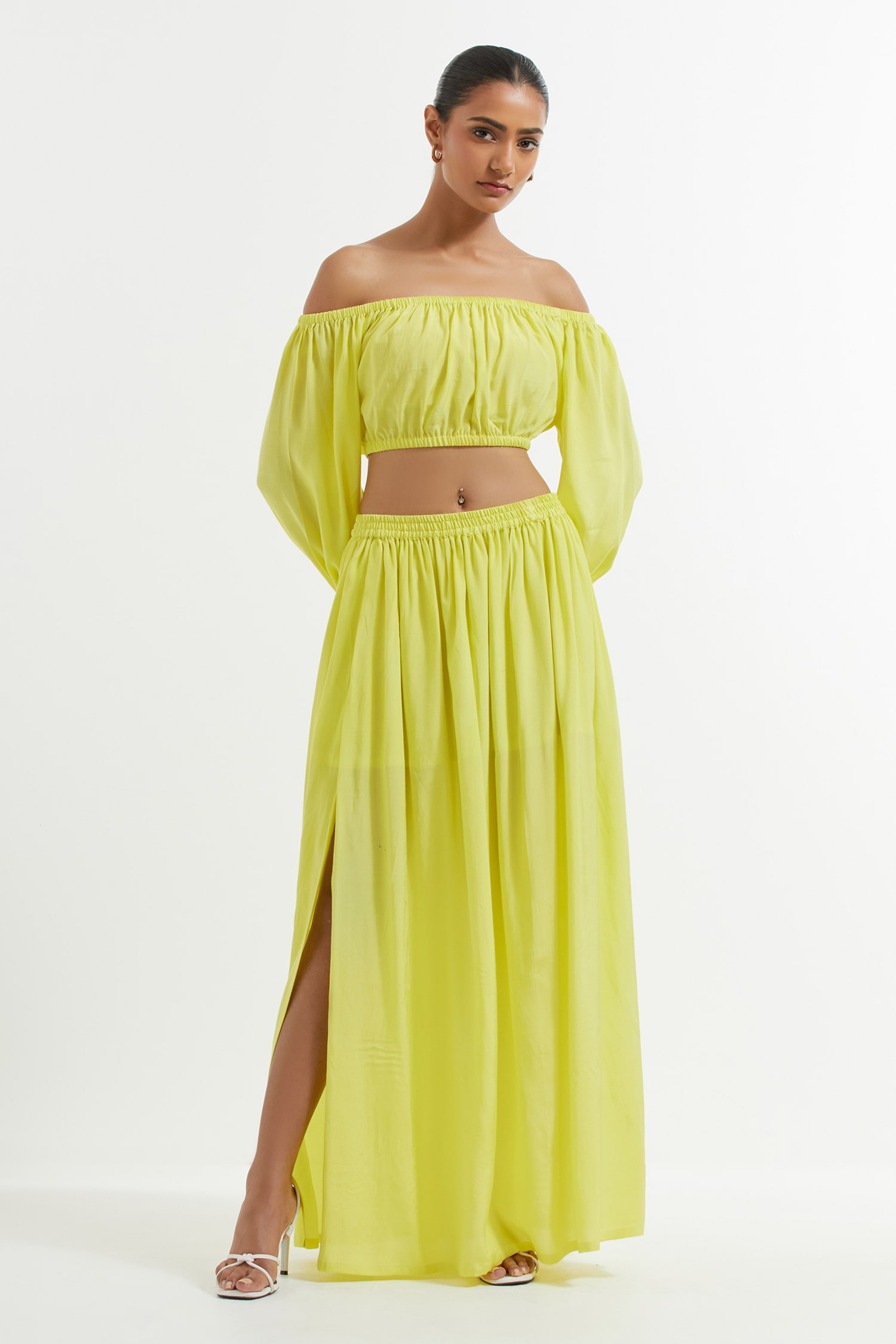 Buy TIC Yellow Silk Ruched Crop Top With Skirt Online | Aza Fashions