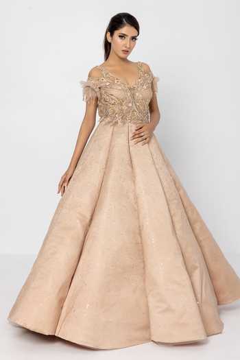 Buy Beige Viscose Embellished Sequin V Neck Crystal Ball Gown For Women ...