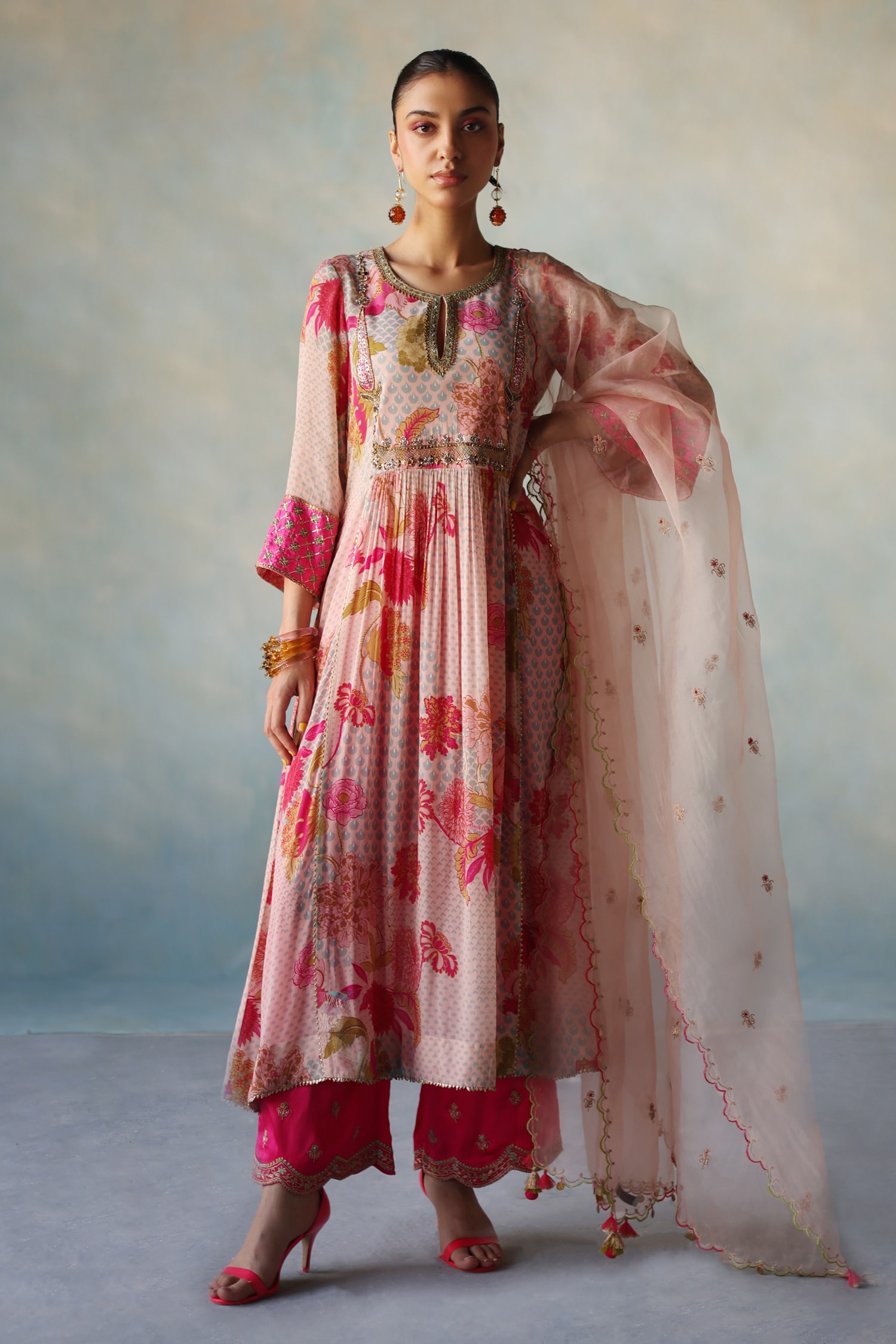 Buy Pink Crepe Print Flower Vine Round Neck Anarkali Set For Women by ...