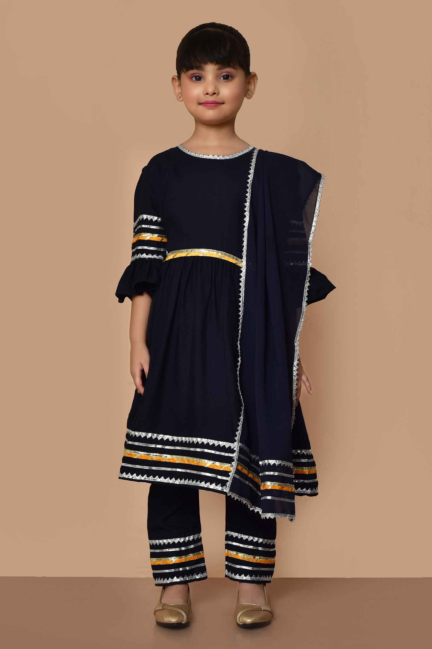 Buy Banana Bee Blue Gota Embroidered Kurta Pyjama Set For Girls Online ...