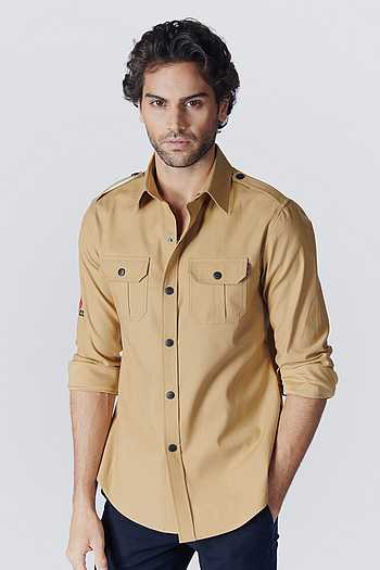 Buy Beige Stretch Poplin Embroidery Batsman Logo Cargo Solid Shirt For ...