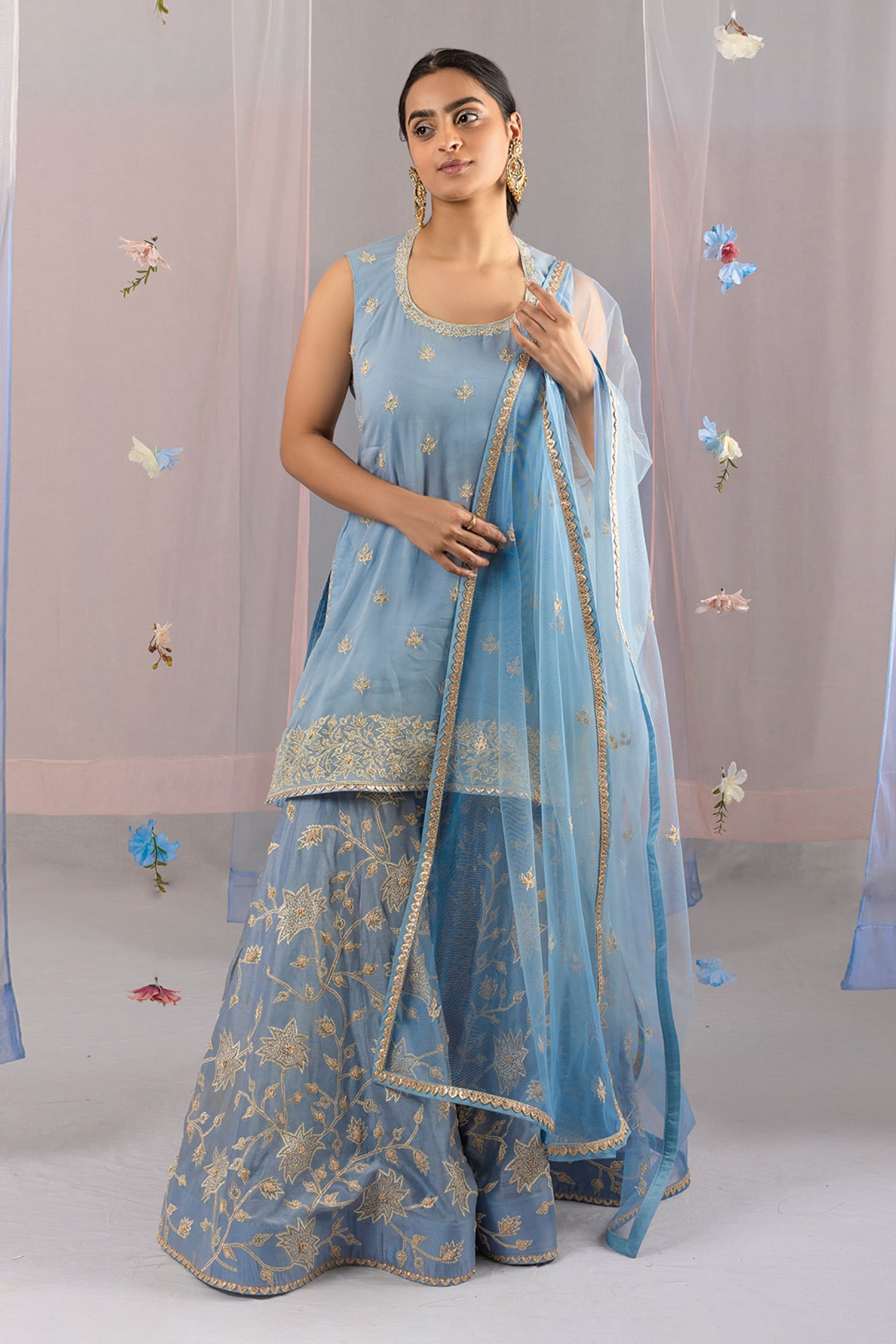 Buy Kyra by Bhavna Blue Georgette Badla Embroidered Kurta Sharara Set ...