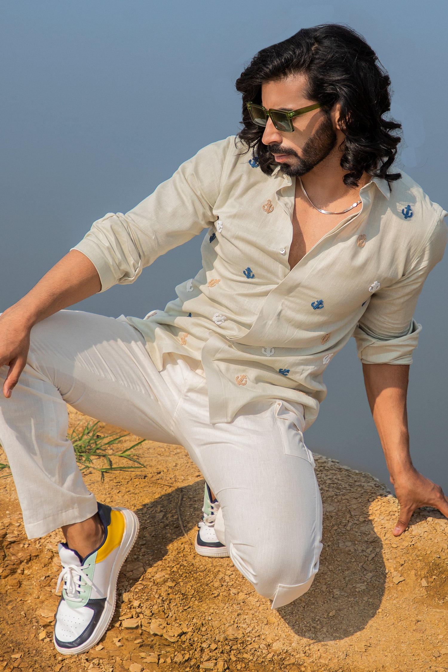 Buy White Cotton Linen Embroidered Cutdana Anchor Shirt For Men by ...