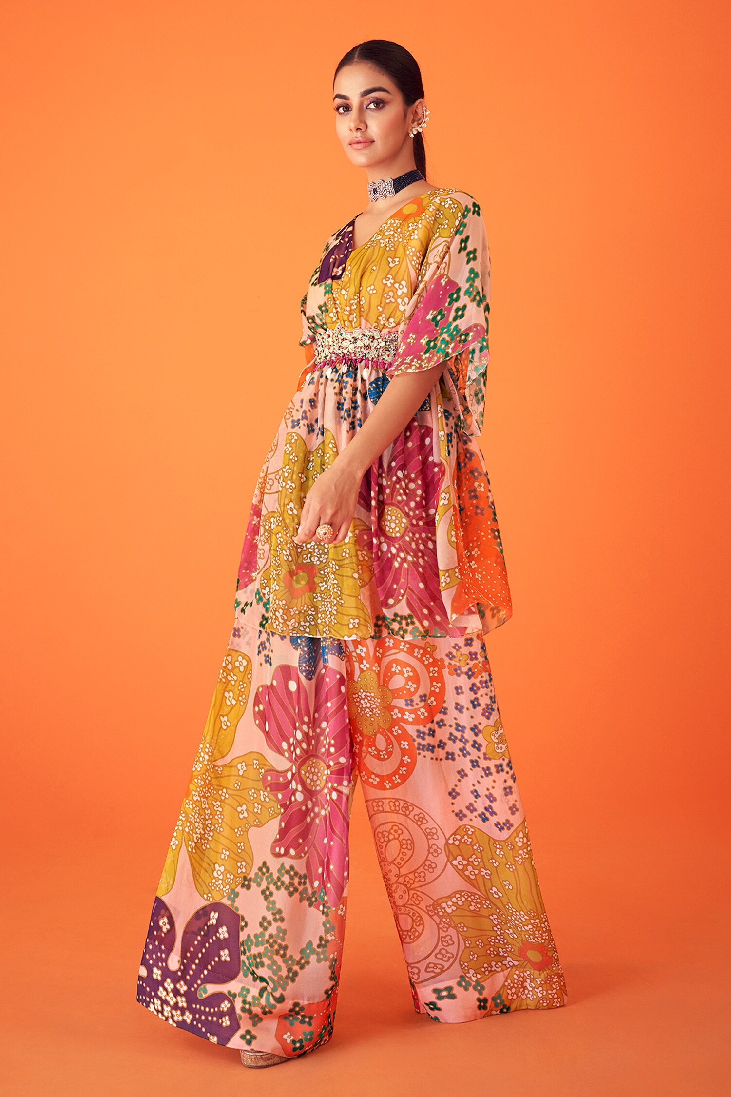 Buy Peach Organza Printed Floral V Neck Peplum Top With Pant For Women ...