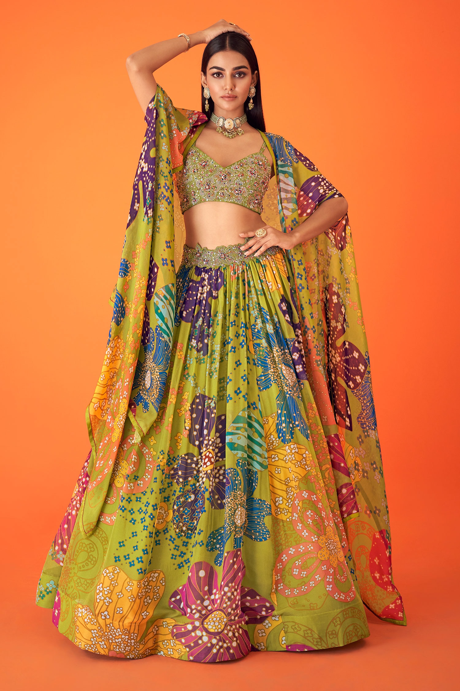 Buy Green Tissue Organza Printed Floral Embroidered Bustier Lehenga Set ...