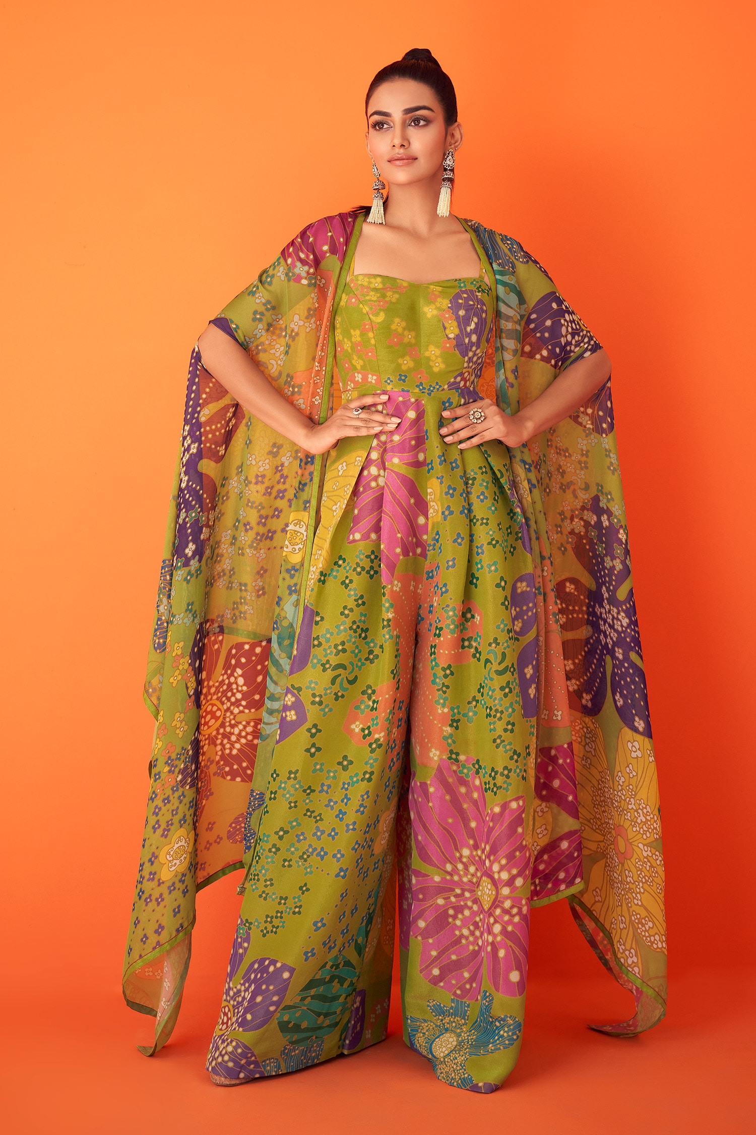 Buy Green Tissue Organza Printed Floral Cape Blossom Jumpsuit And Set ...