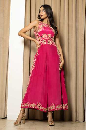 Buy MEHAK SHARMA Pink Crepe Floral Jaal Embroidered Jumpsuit Online ...