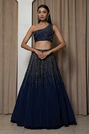 Buy MEHAK SHARMA Blue Crepe Linear Pattern Lehenga And Blouse Set ...