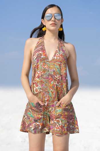 Buy Multi Color Cotton Twill Printed Sangria Paisley V Halter Playsuit ...