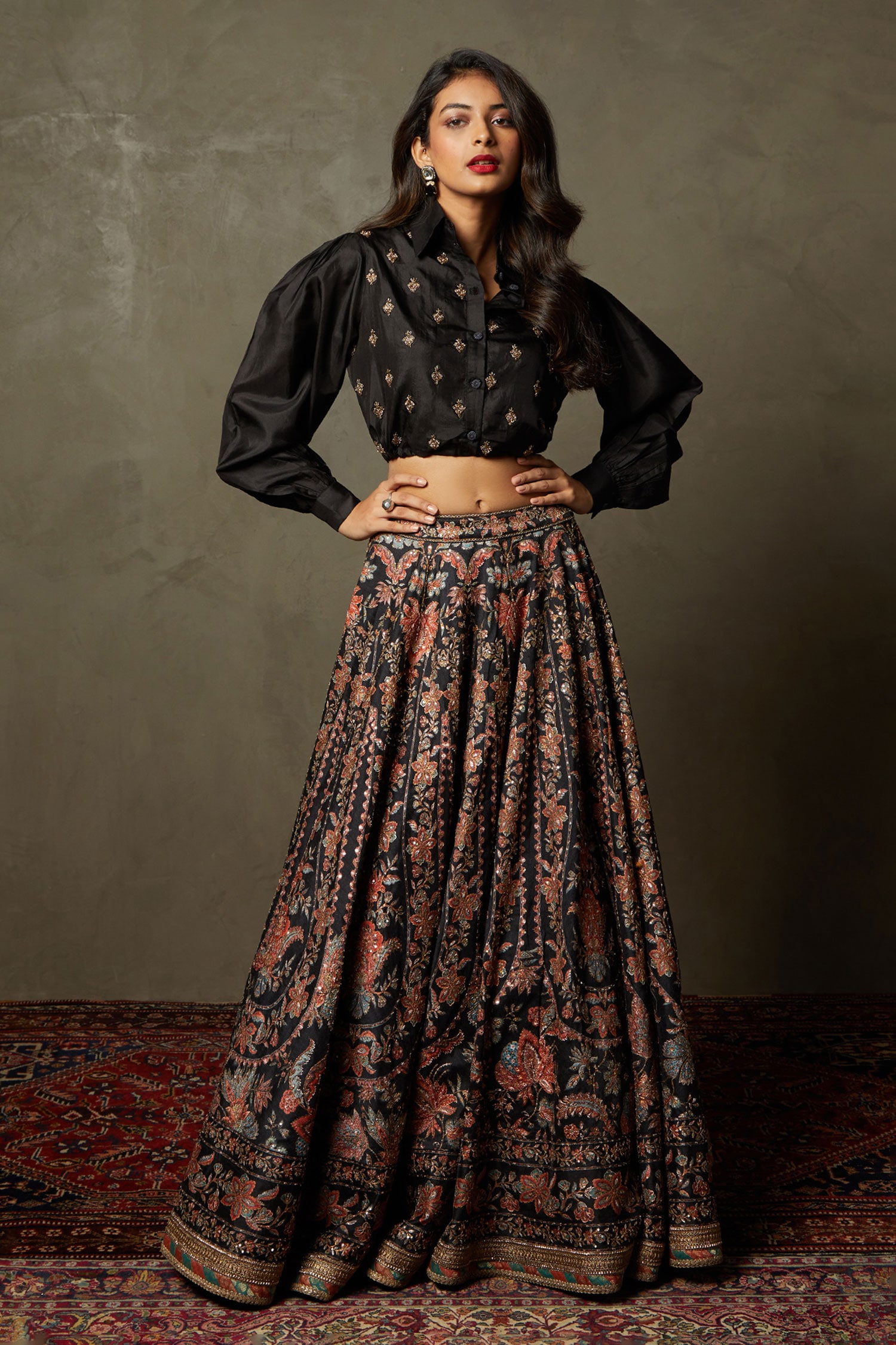 Buy Black Silk Taffeta Embroidery Zari Collared Neck Adenia Blouson ...