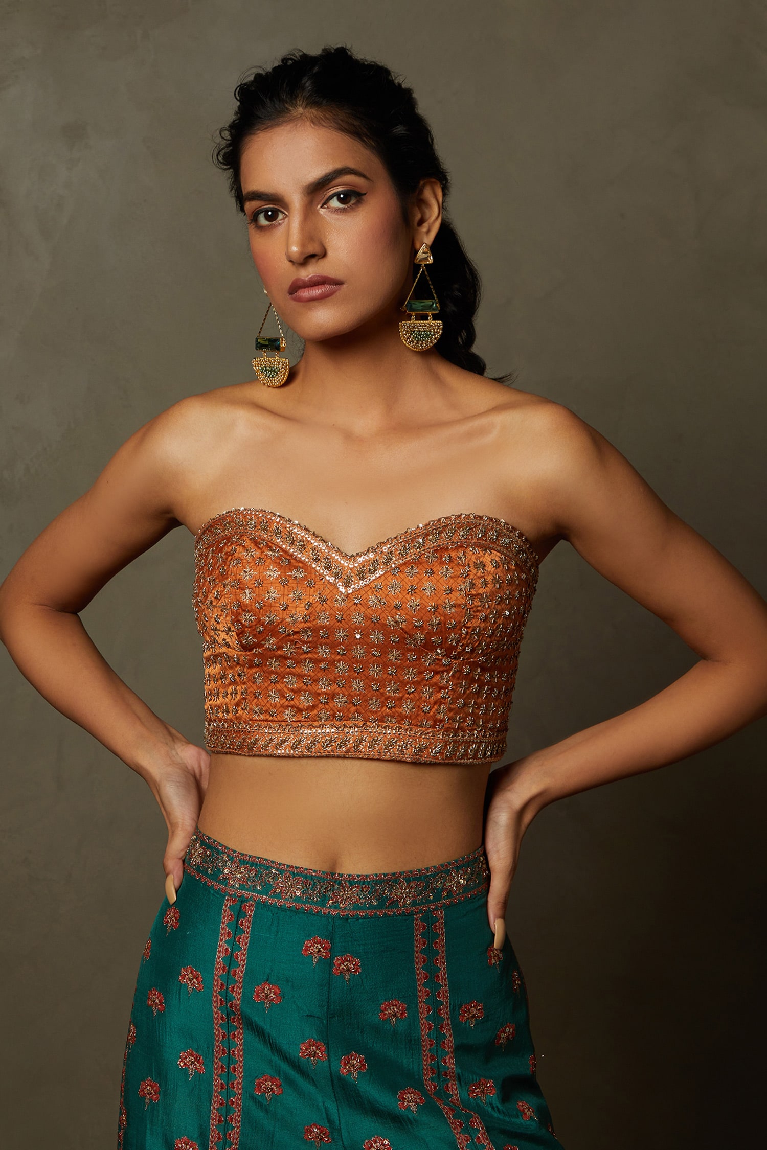 Buy Orange Silk Satin Embroidery Zardozi Sweetheart Neck Tania Off ...