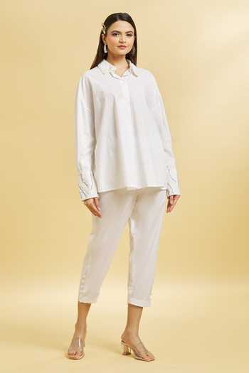 Buy White Cotton Embroidered Floral Shirt Collar And Cigarette Pant Set ...