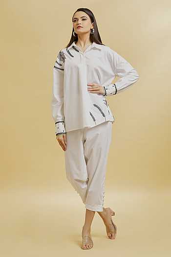 Buy Soha by Harleen and Sona White Cotton Glass Beads Embroidered Shirt ...