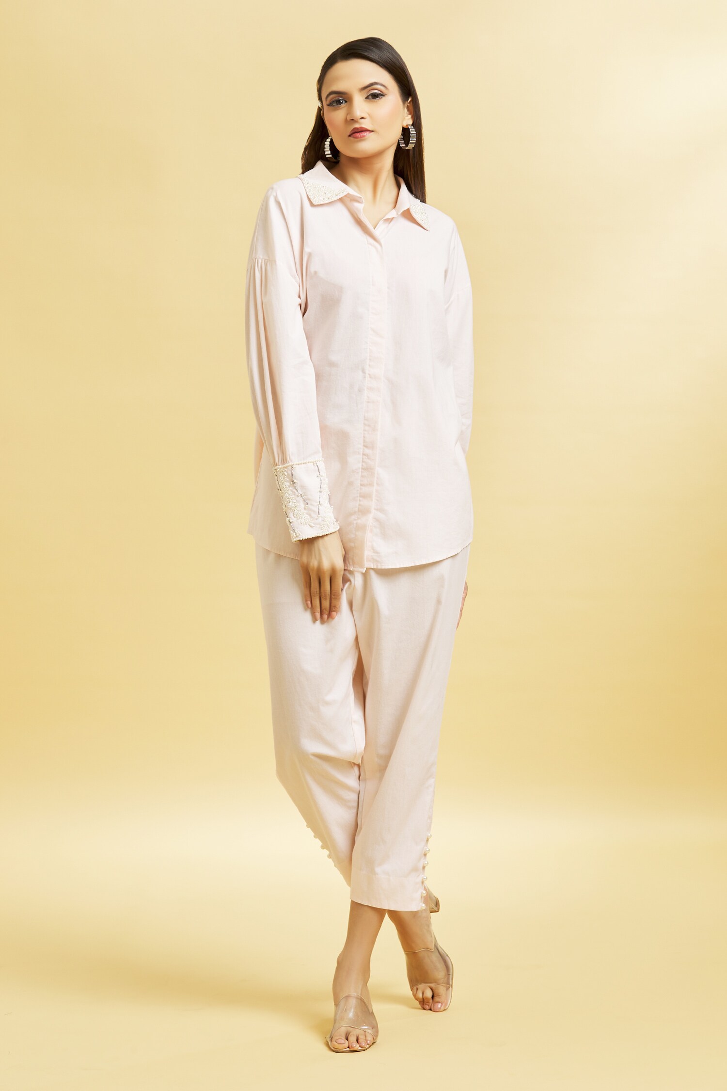 Buy Peach Cotton Embroidered Floral Shirt Collar And Cigarette Pant Set ...