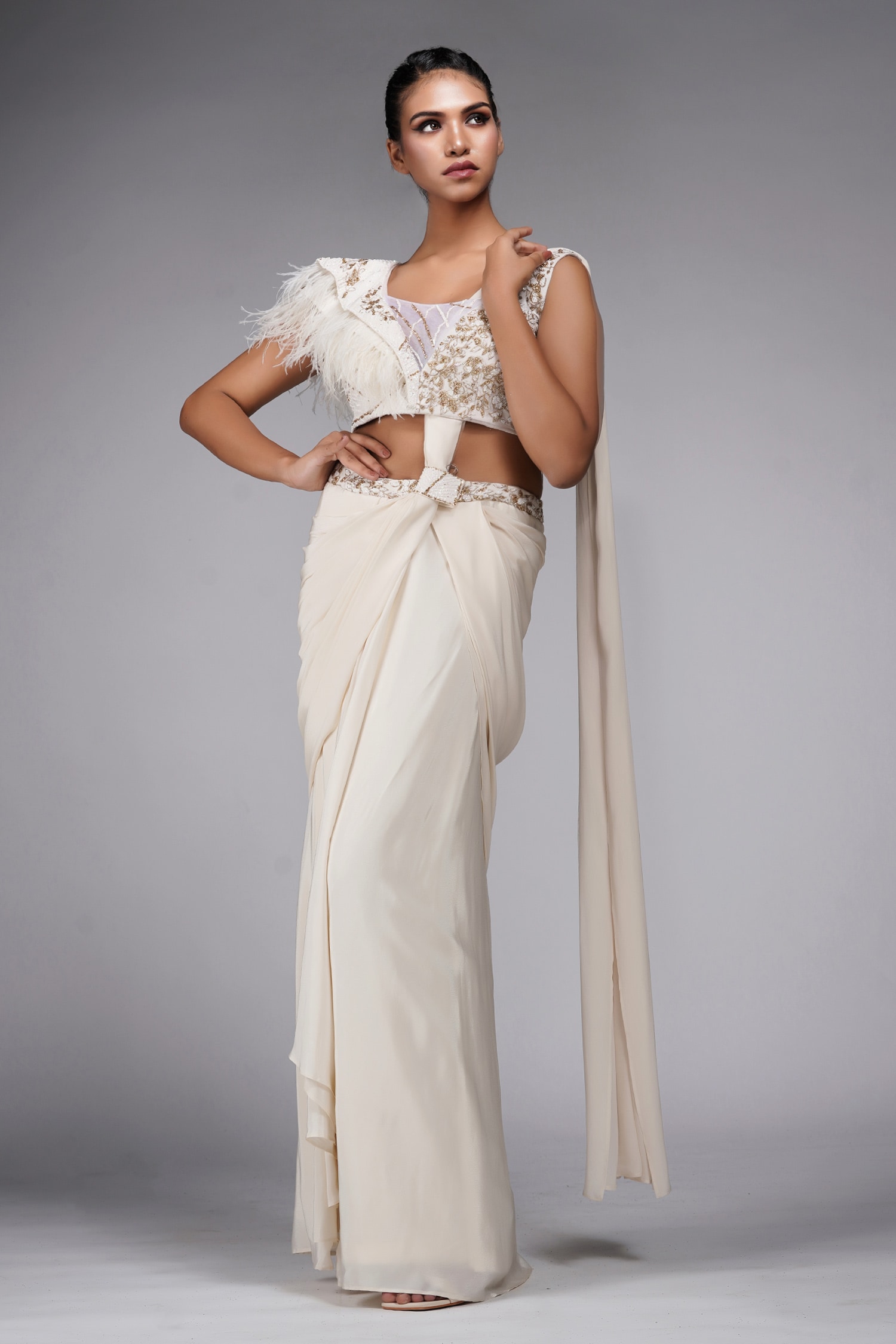 Buy Off White Saree Crepe Embroidery Pre-draped With Feather Applique ...