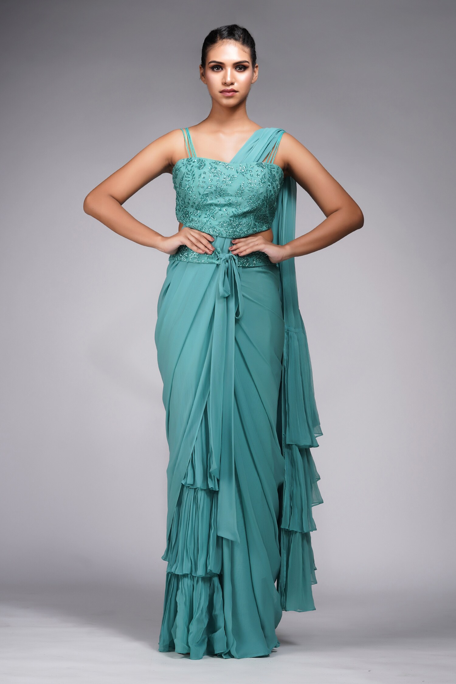 Buy Shruti S Green Pre-draped Ruffle Saree With Embroidered Blouse ...