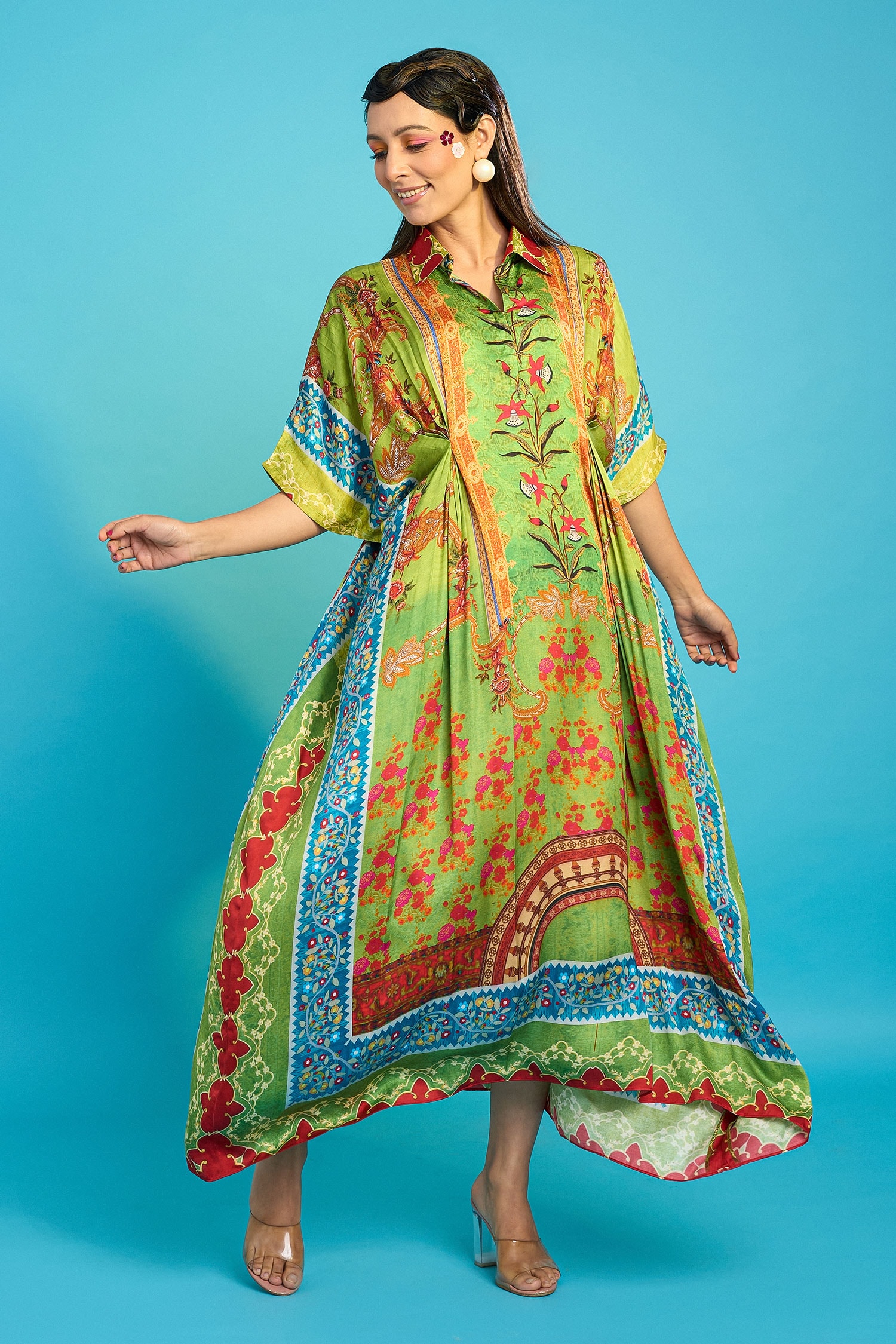 Buy Green Moroccan Silk Printed Kashmiri Botanical Collared Kaftan For ...
