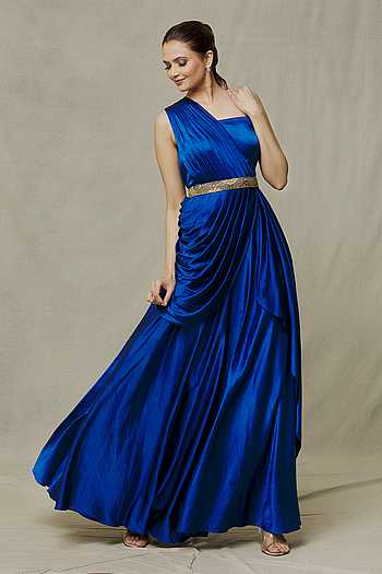 Buy Blue Satin Embroidery Sequin Asymmetric Draped Gown With Belt For ...