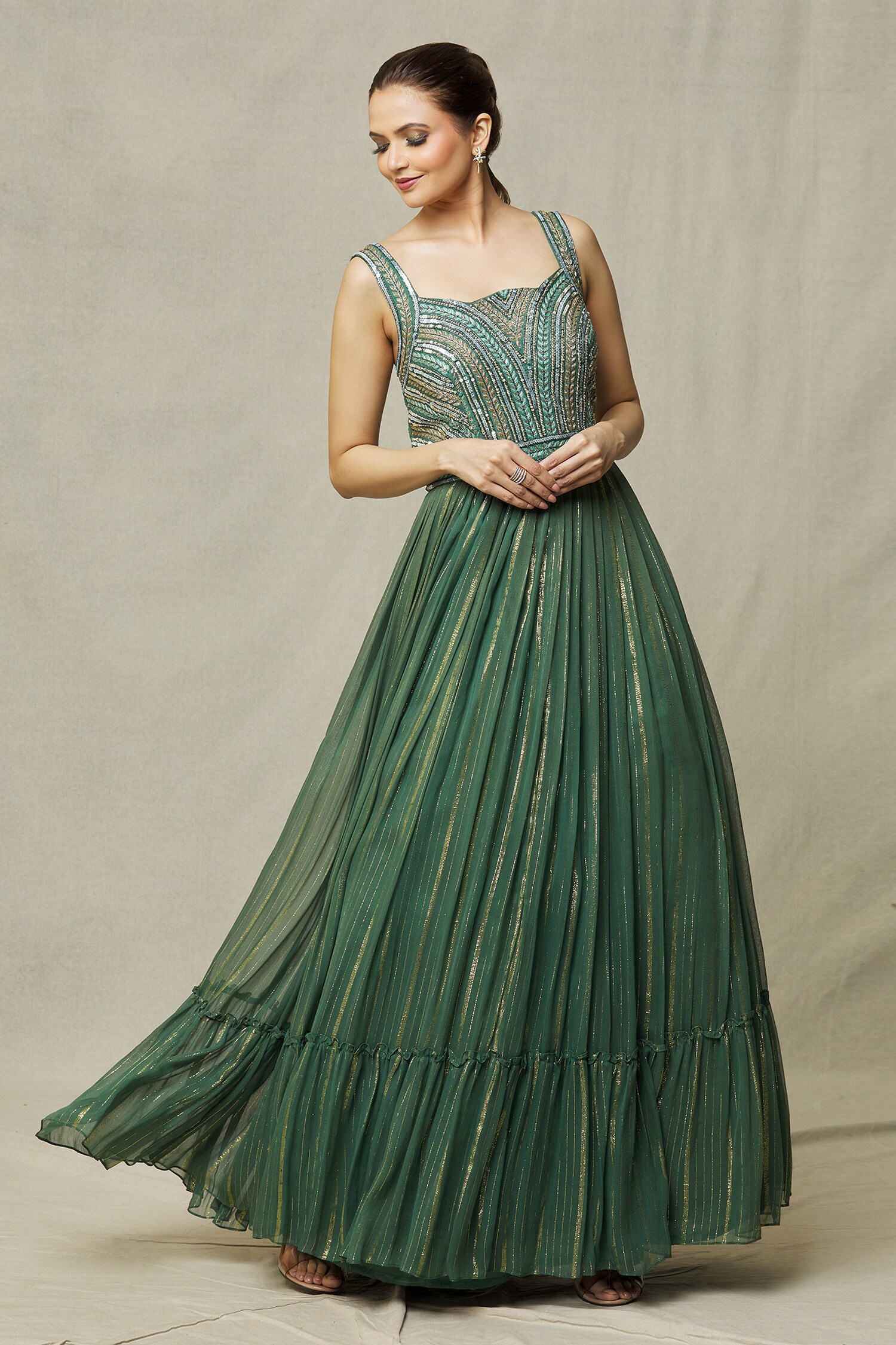 Buy Green Silk Embroidery Resham Square Neck Hand Anarkali For Women by ...