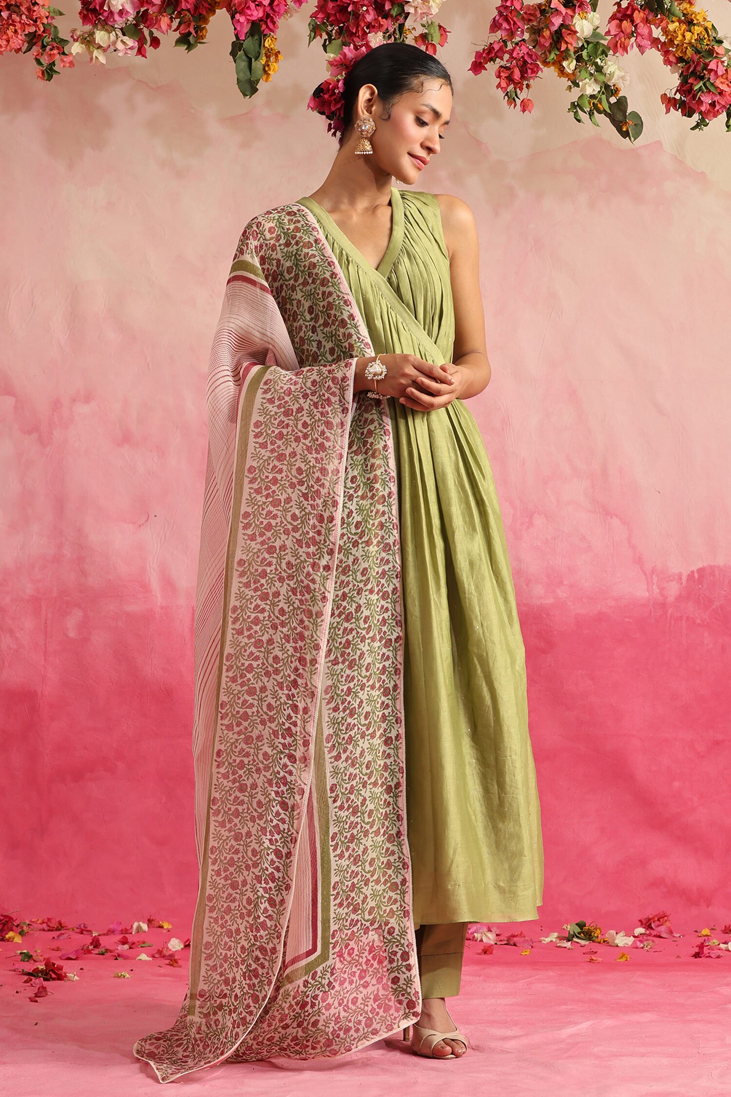 Buy Green Angrakha And Pant Chanderi Silk Hand Block Printed Floral ...