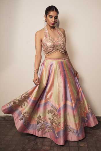 Buy Multi Color Dupion Silk Embroidered Gota Patti Floral Embellished ...