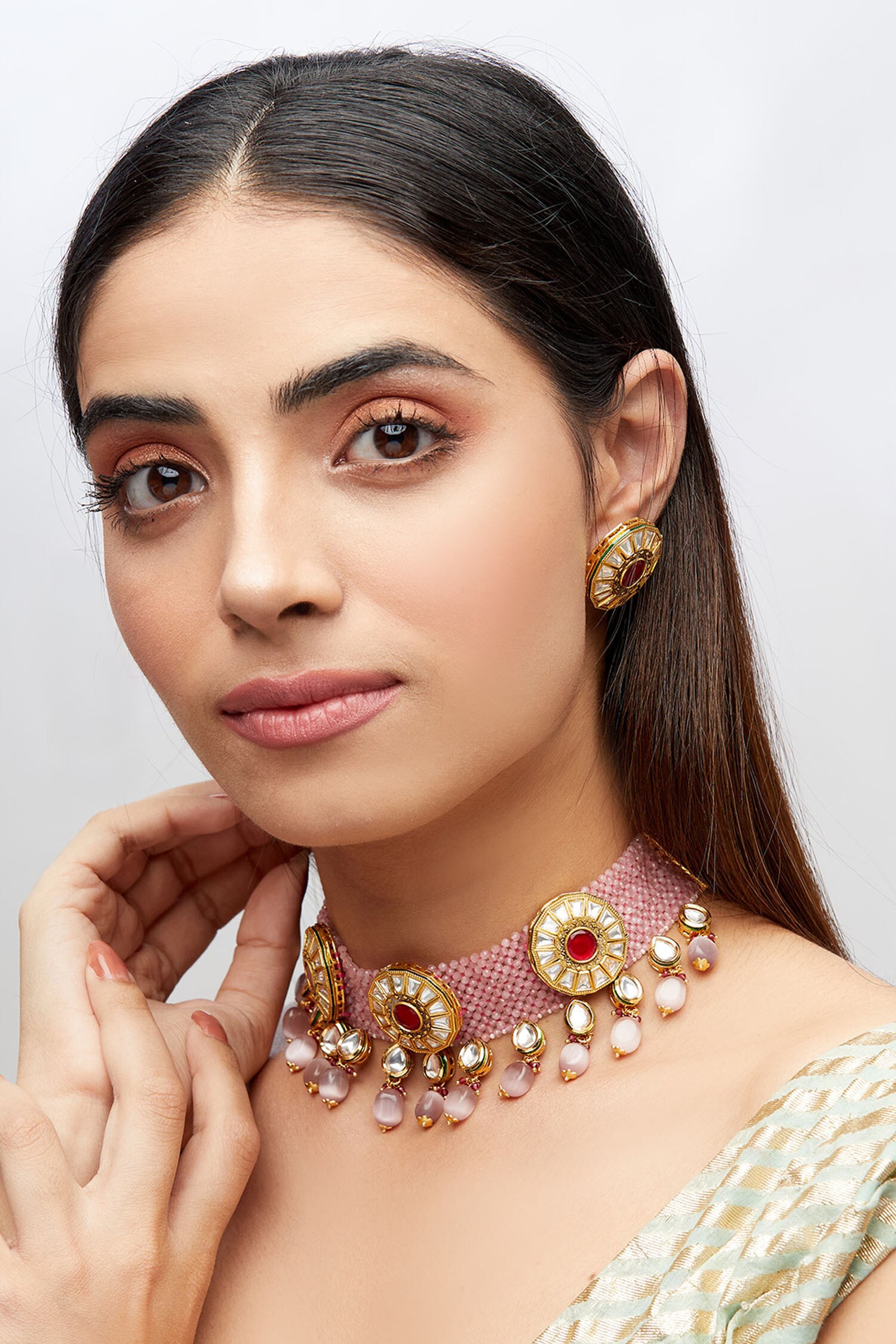 Buy Gold Plated Pearl Beaded Choker Set by Khwaab by Sanjana Lakhani ...