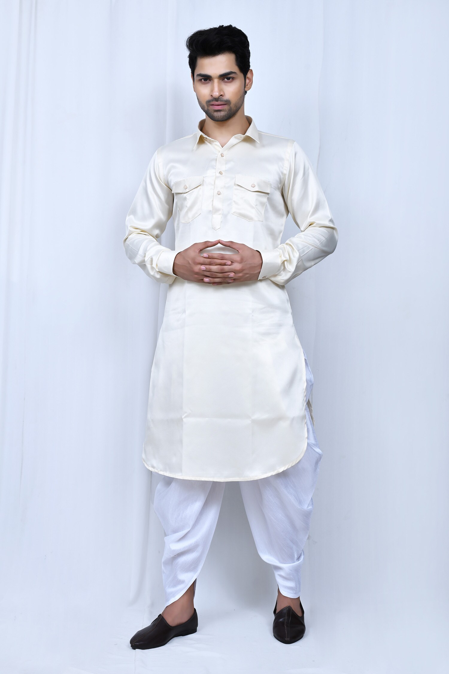 Buy Cream Satin Plain Full Sleeve Pathani Kurta With Cowl Pant For Men ...