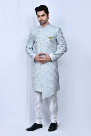 Buy Blue Sherwani Jacquard Embroidered Thread Paisley Set For Men by ...
