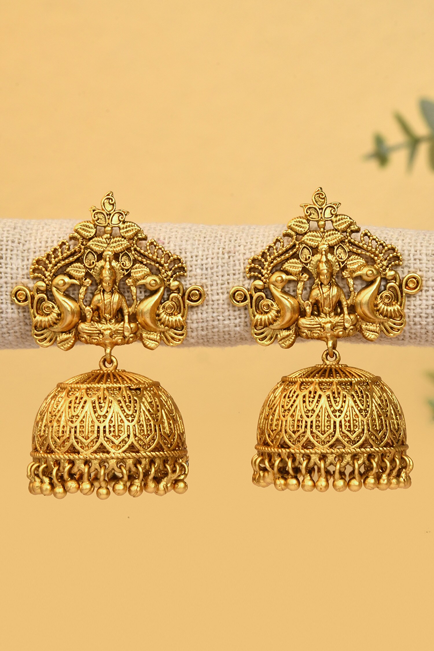 Buy Gold Plated Carved Work Temple Jhumkas by Ahaanya Online at Aza ...