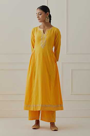 Buy Yellow Cotton Slub Hand Embroidered Placket Anarkali And Pant Set ...