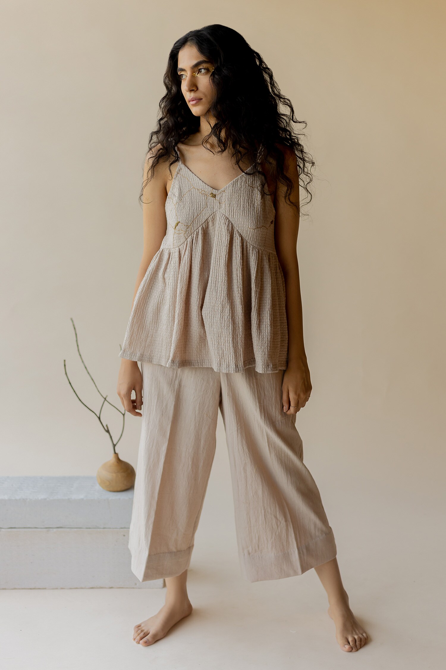 Buy Beige Cotton V Neck Akane Pattern Peplum Top For Women by Nirjara ...