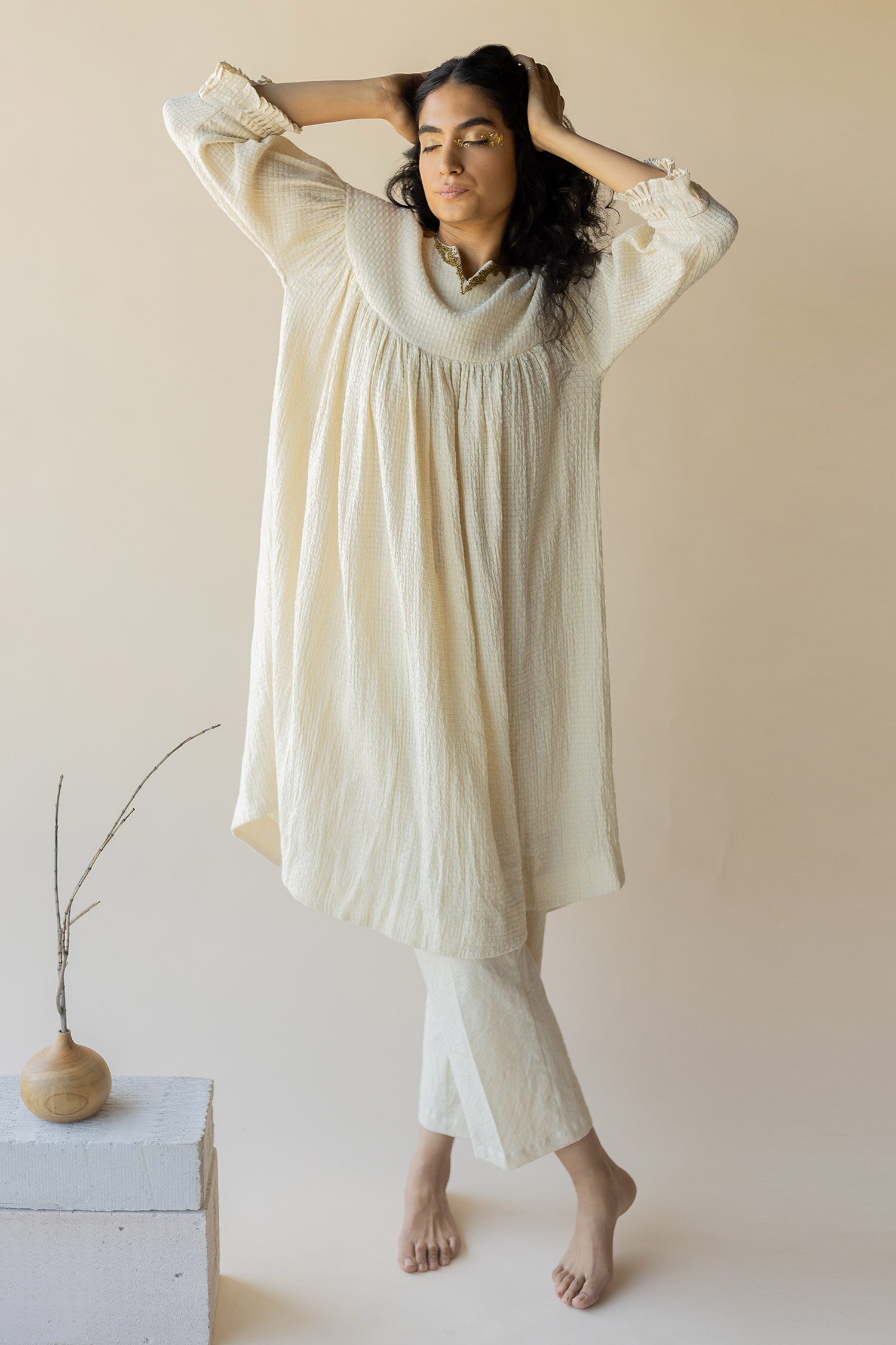 Buy Off White Textured Cotton Embellished Bead Shion A-line Dress For ...