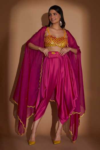 Buy Pink Crepe Embroidered Sequin Capeopen Embellished Blouse Cape Set ...