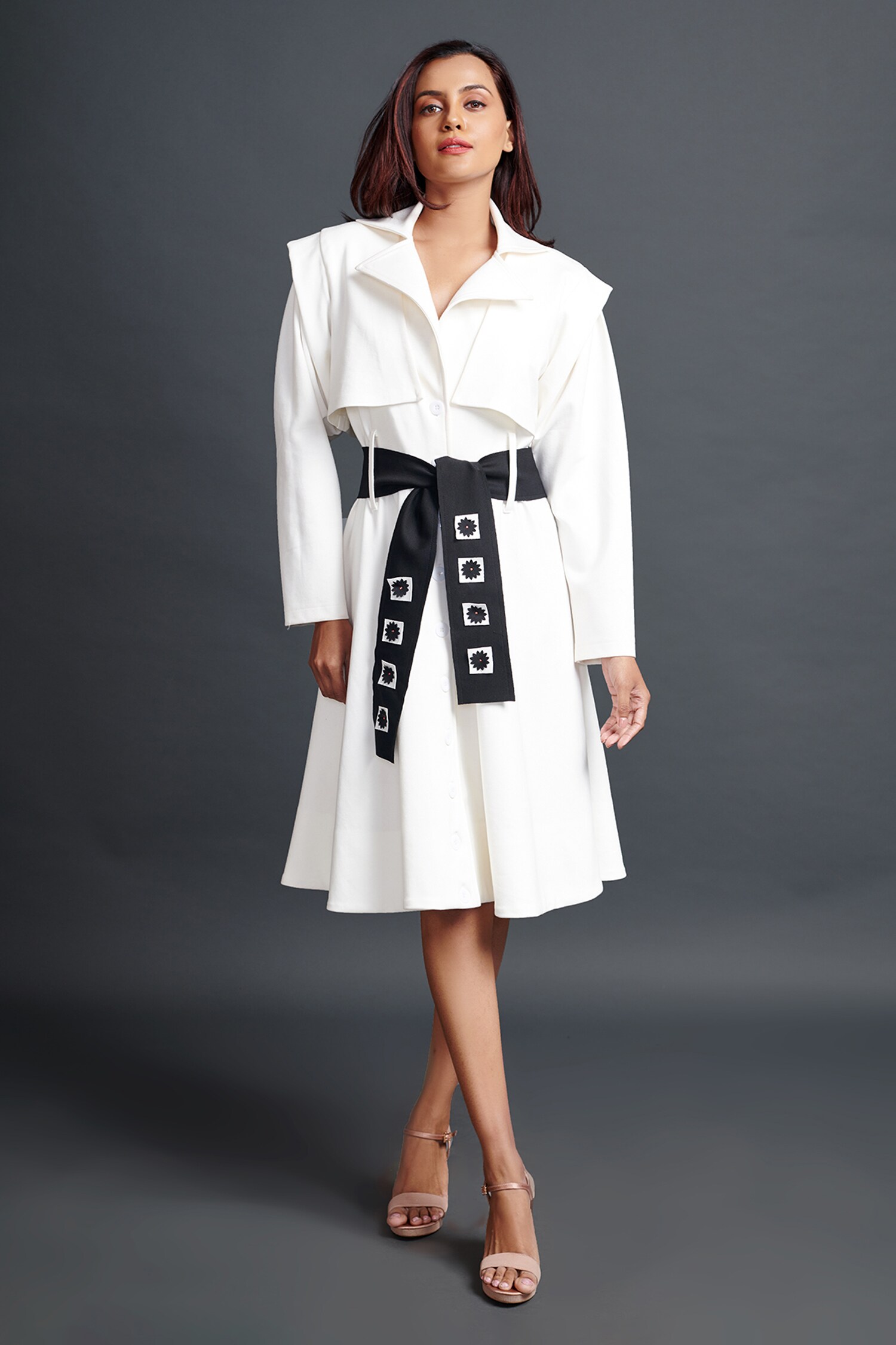 Buy White Ponte Roma Plain Notched Lapel Full Sleeve Jacket Dress With ...