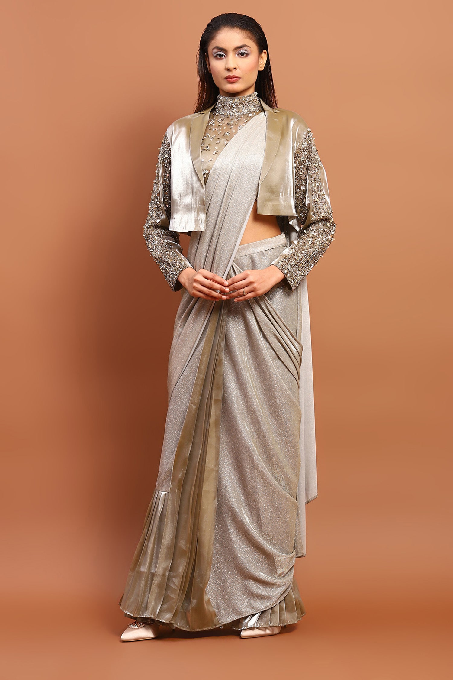 Buy Gold Shimmer Lycra Hand Embroidered Sequin Jacket Notched Pre ...