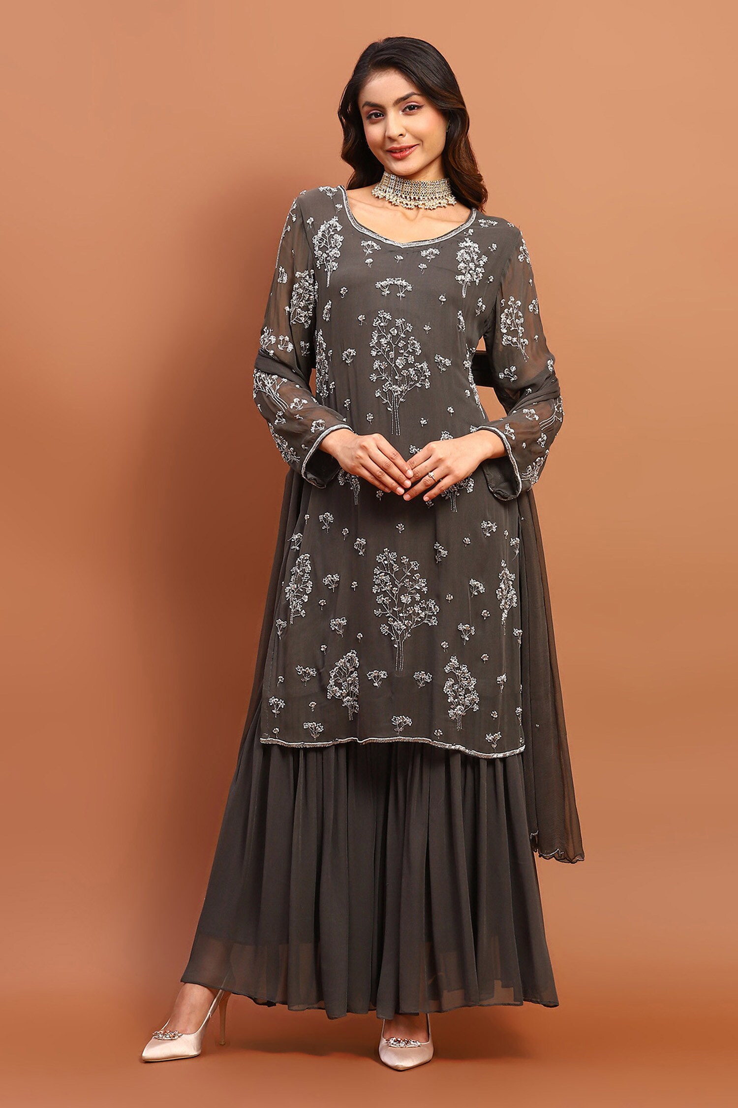 Buy Soniya G Grey Georgette Floral Embroidered Kurta Set Online | Aza ...