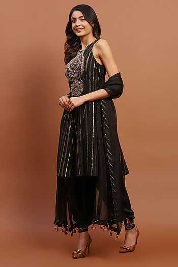 Buy Black Georgette Hand Embroidered Zari Round Yoke Anarkali Salwar ...