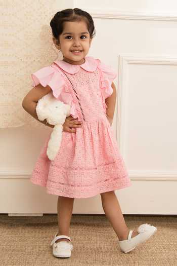 Buy Pink Cotton Schiffli Pattern Ann Peter Pan Collar Dress For Girls ...