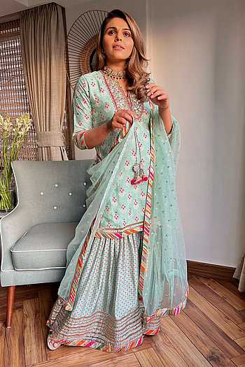 Buy Blue Kurta And Gharara- Tussar Silk Printed Flower Keyhole Tilla ...