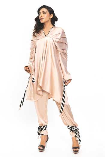 Buy Pink Satin Silk V Neck Catherine Soufle Pleated Top And Pant Set ...