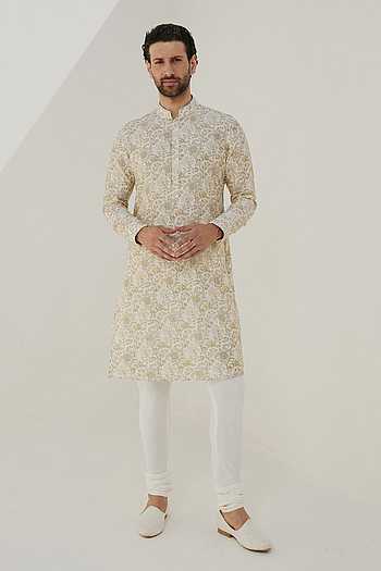 Buy Arjan Dugal Cream Chanderi Silk Blossom Print Kurta With Churidar ...