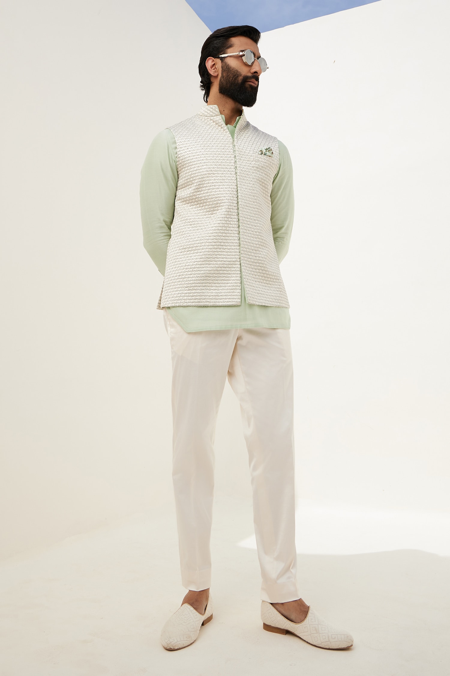 Buy Arjan Dugal Green French Knot Embroidered Chanderi Silk Bundi ...