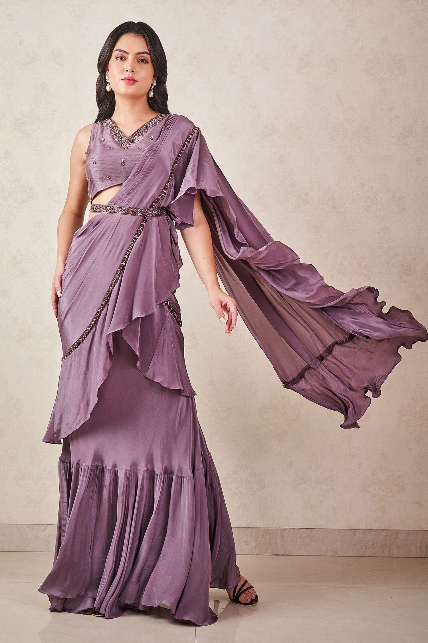 Buy Pre-Draped Ruffle Saree With Embroidered Blouse by SAMMOHI BY ...