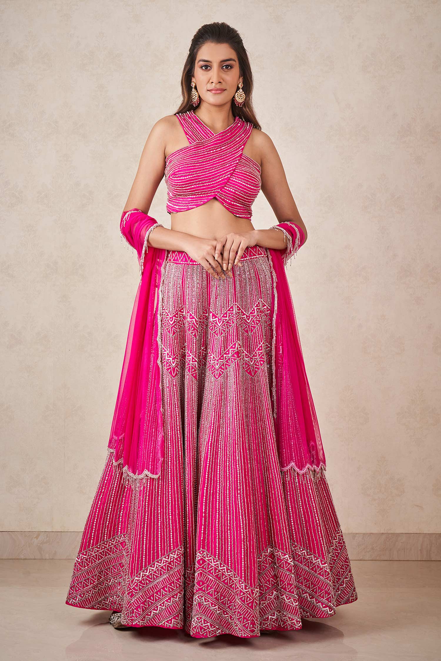 Buy Pink Dupion Silk Hand Embroidered Sequins Halter Lehenga Set For ...