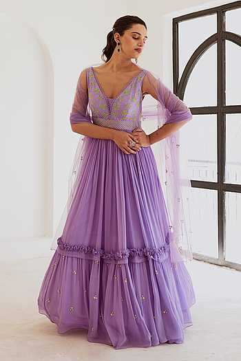 Buy Sonal Pasrija Purple Opada Silk Floral Cutdana Embellished Anarkali ...