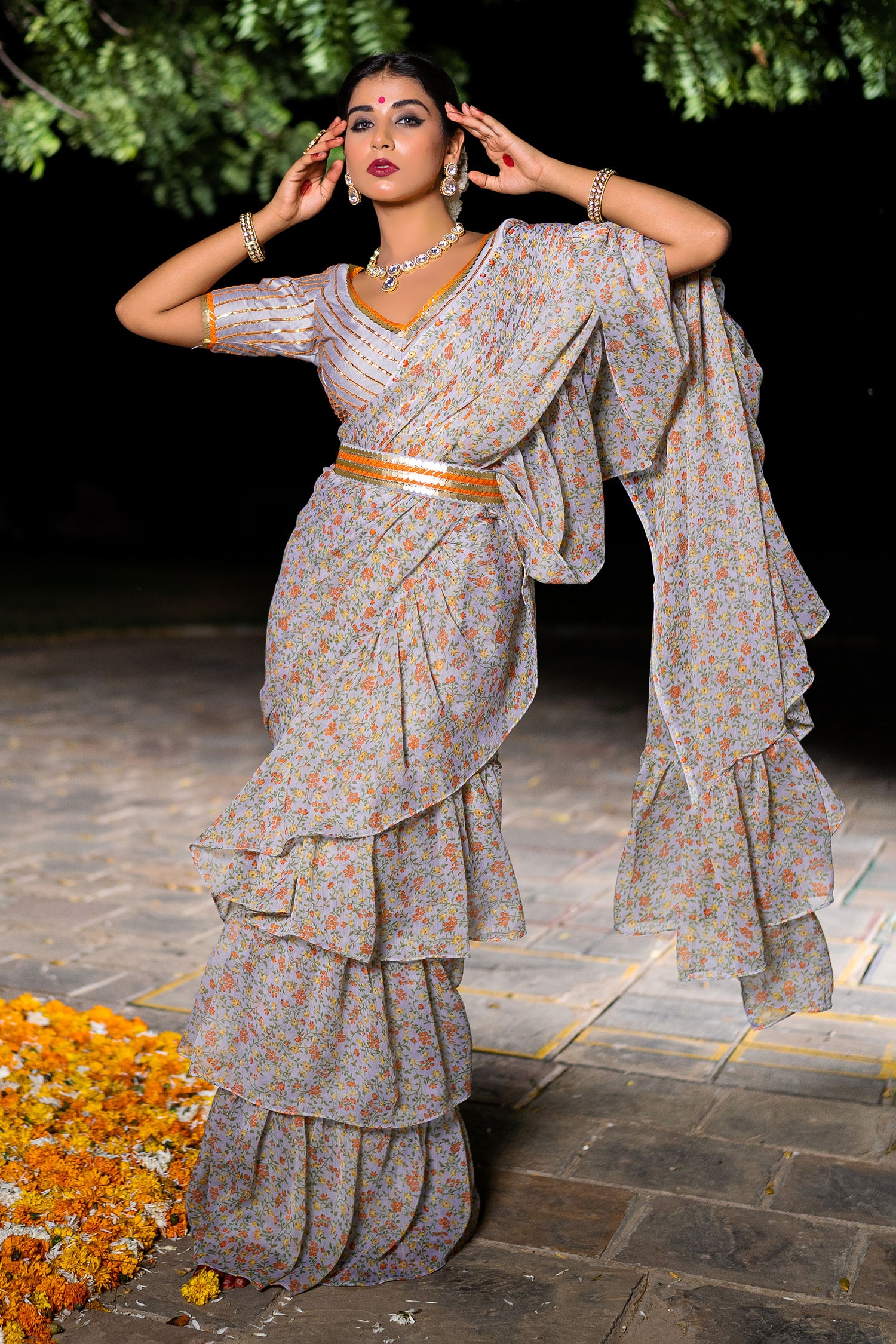Buy Grey Chiffon Printed Floral V Neck Ruffle Pre-stitched Saree With ...