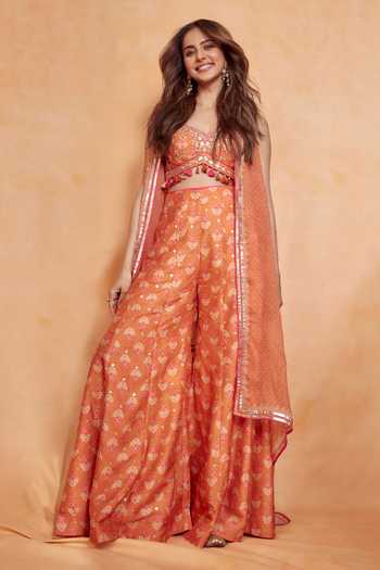 Buy Orange Bustier Tussar Silk Print Floral Diamond Cape And Pant Set ...