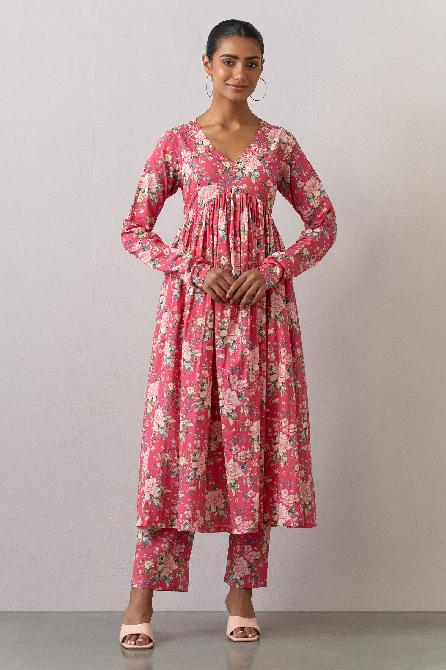 Buy Pink Cotton Printed Floral V Neck Flower Anarkali For Women by ...